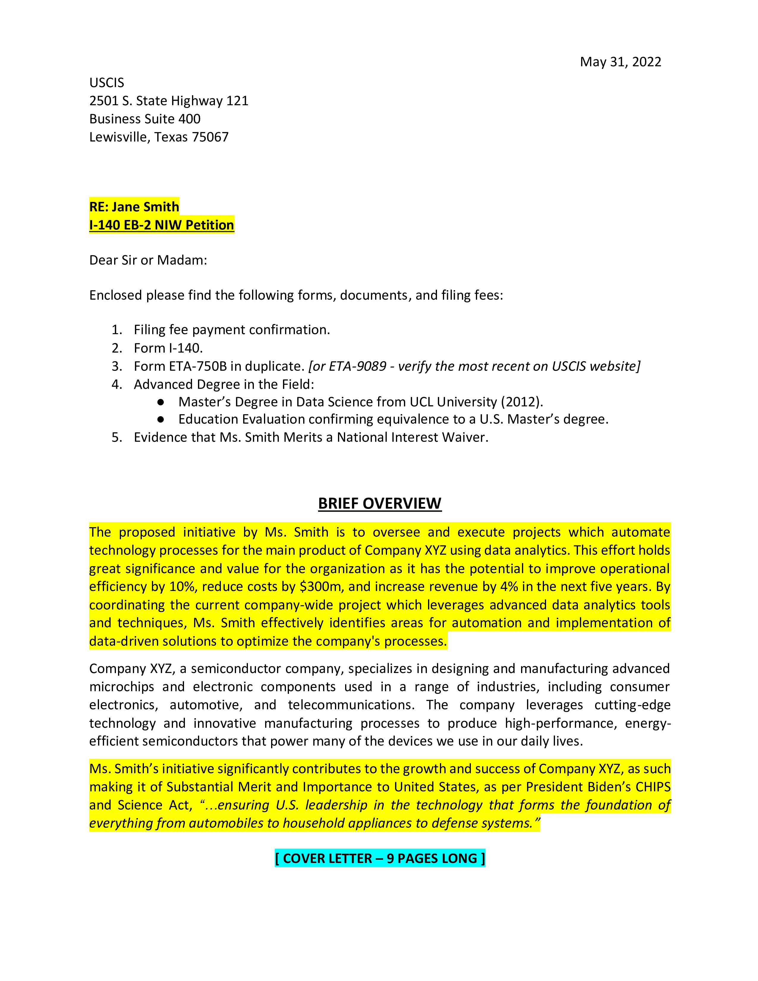 product manager i140 sample